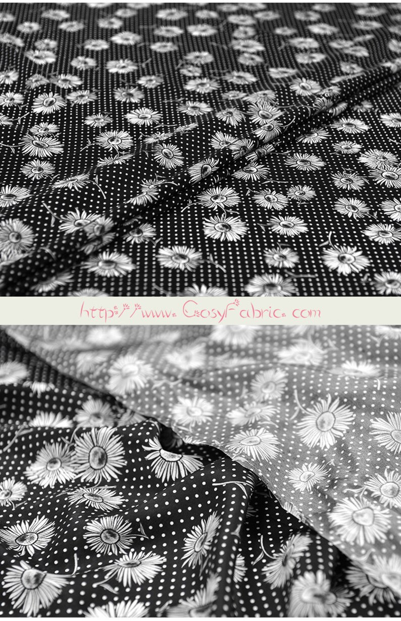 Daisy Floral Tiny Polka Dots Print Black Silk Fabric Printed Crepe De ...