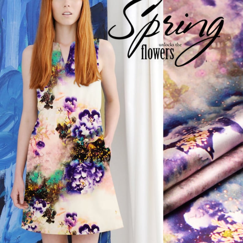 Large Scale Watercolor Floral Print Colorful Stretch Silk Fabric Width ...