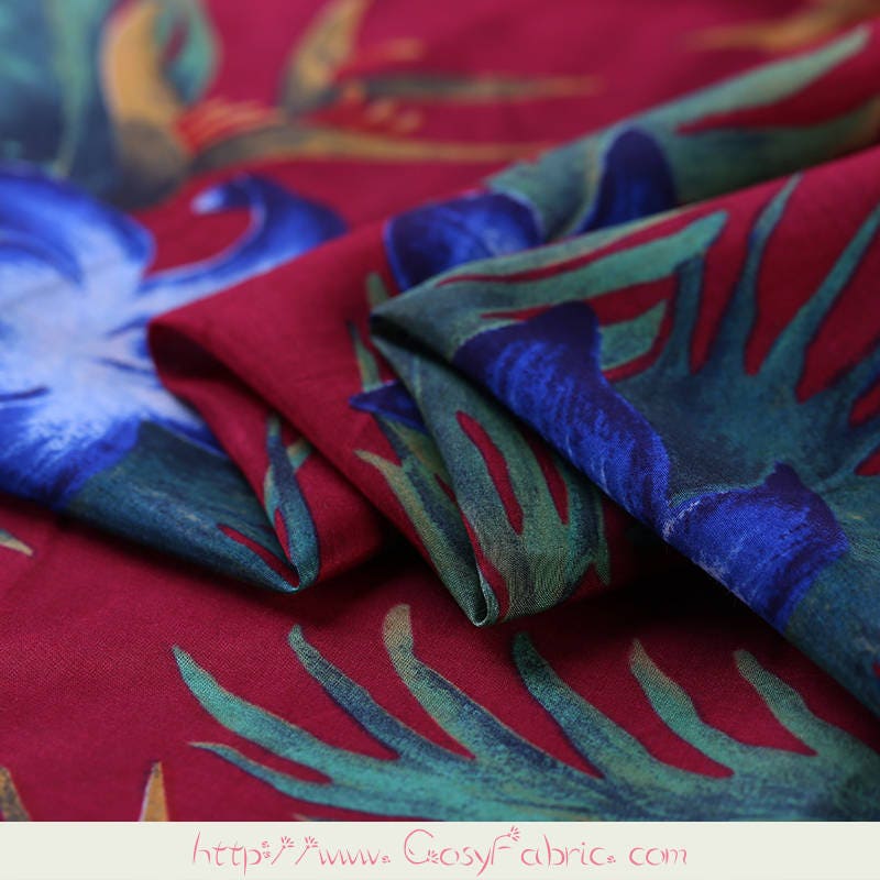 Tropical Plant Botanical Print Vintage Red Silk Cotton Fabric | Etsy