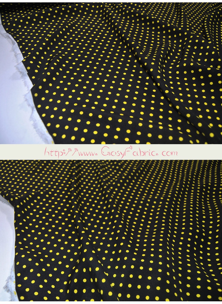 Yellow Polka Dot Print 100% Silk Crepe De Chine Fabric Black Fabrics ...