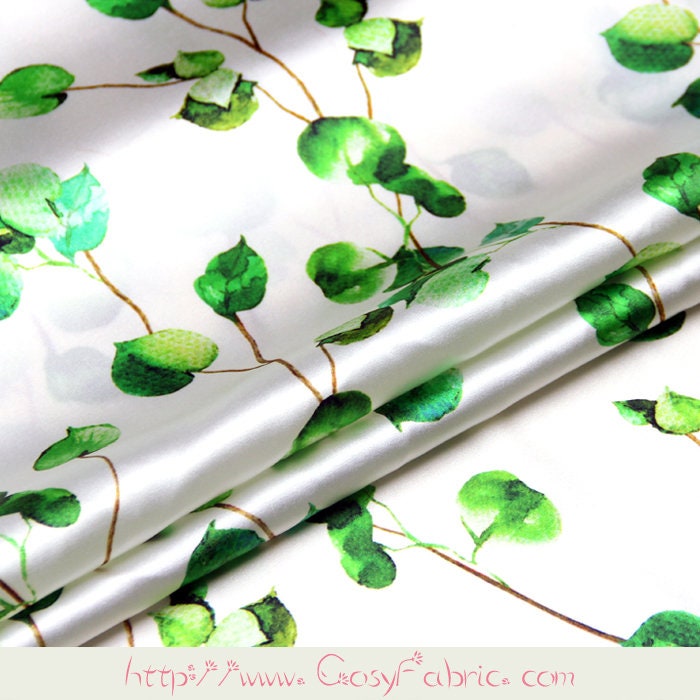 Vine Green Leaf Print White Stretch Silk Satin Fabric for | Etsy