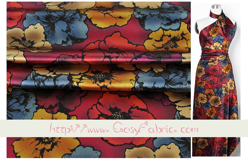 Retro Floral Print Vintage Red Stretch Silk Satin Fabric for - Etsy