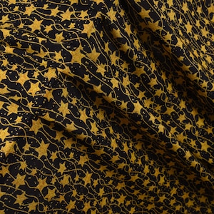 Yellow Stars Print 100% Pure Silk Fabric Black Crepe De Chine Fabrics ...