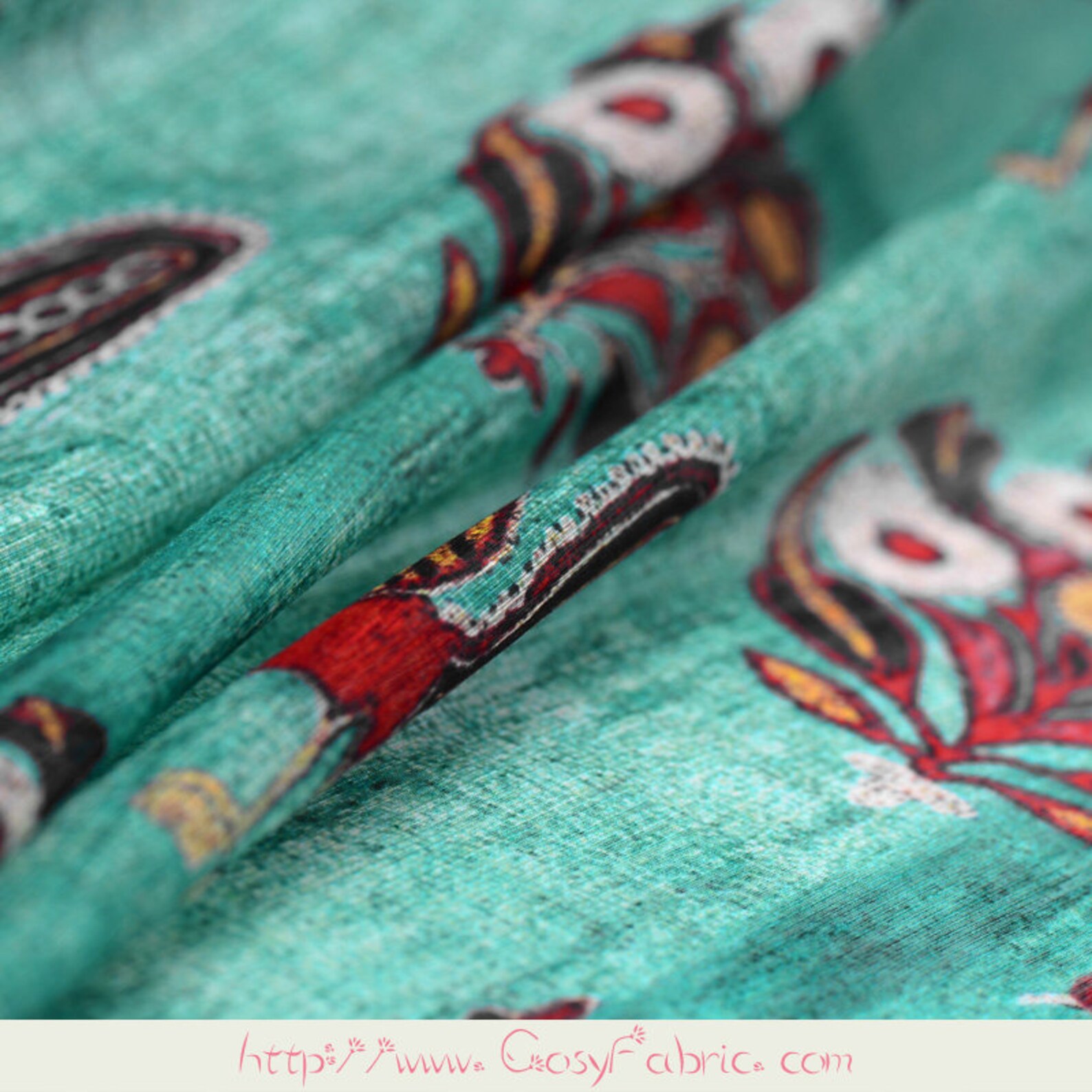 Art Peacock Feather Print Green Silk Linen Blend Fabric Width 55 Inch ...