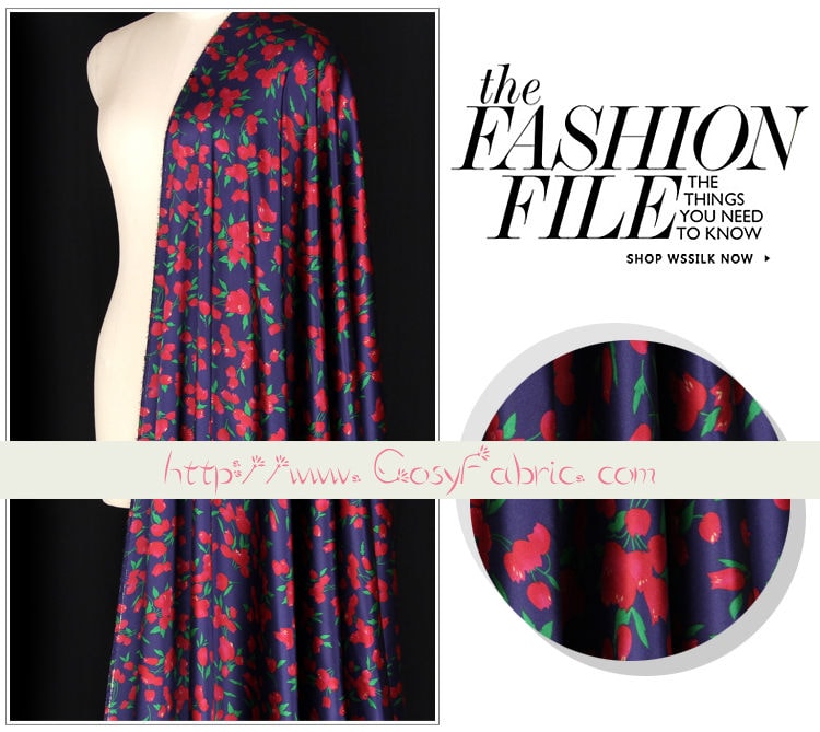 Red Small Floral Print Navy Blue Stretch Silk Satin Fabric Width 46 ...