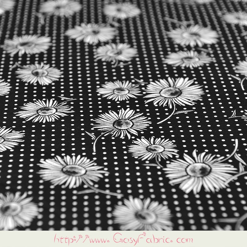 Daisy Floral Tiny Polka Dots Print Black Silk Fabric Printed | Etsy