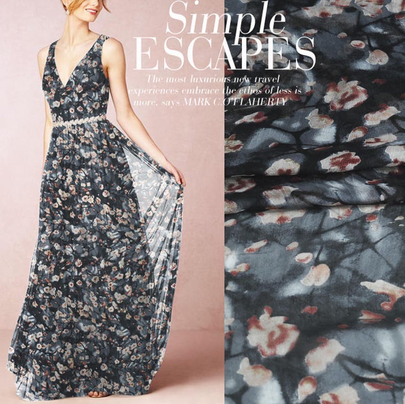 Small Floral Print Black 100% Pure Silk Chiffon Fabric Width | Etsy