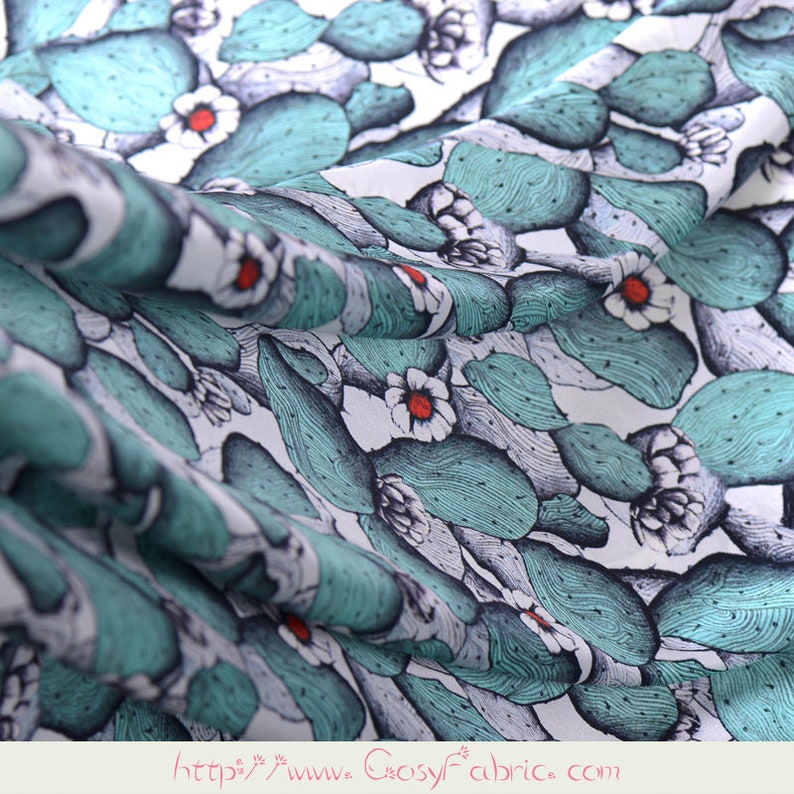 Cactus Floral Print White Stretch Silk Satin Fashion Fabric Width 42 ...
