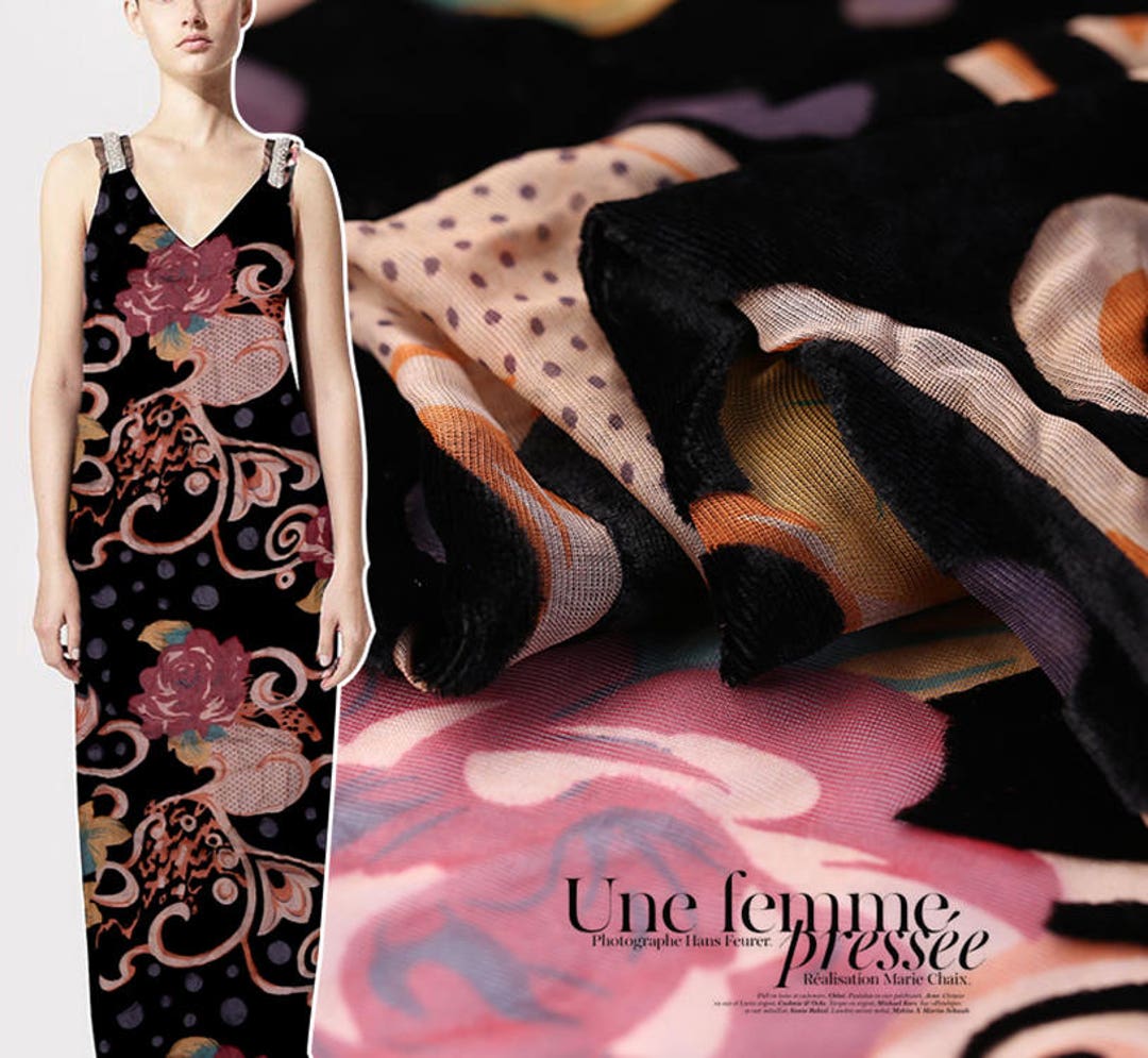 Black Silk Etched-out Velvet Apparel Fabric With Floral and Dots ...