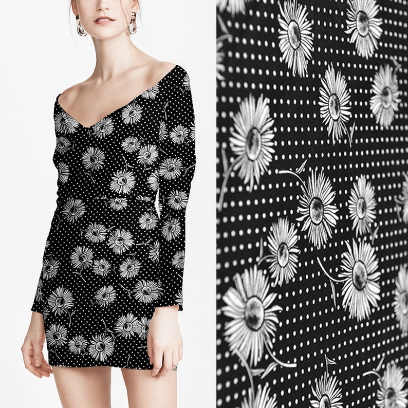 Daisy Floral Tiny Polka Dots Print Black Silk Fabric Printed Crepe De ...