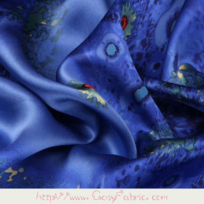 Modern Floral Print Navy Blue 100% Pure Silk Charmeuse Fabric Width 44 ...