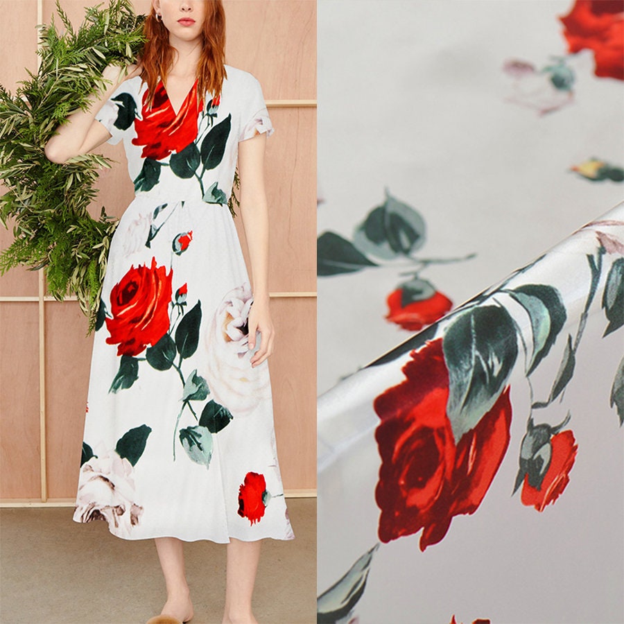 Large Rose Floral Print White Stretch Silk Satin Fabric by the Yard ...