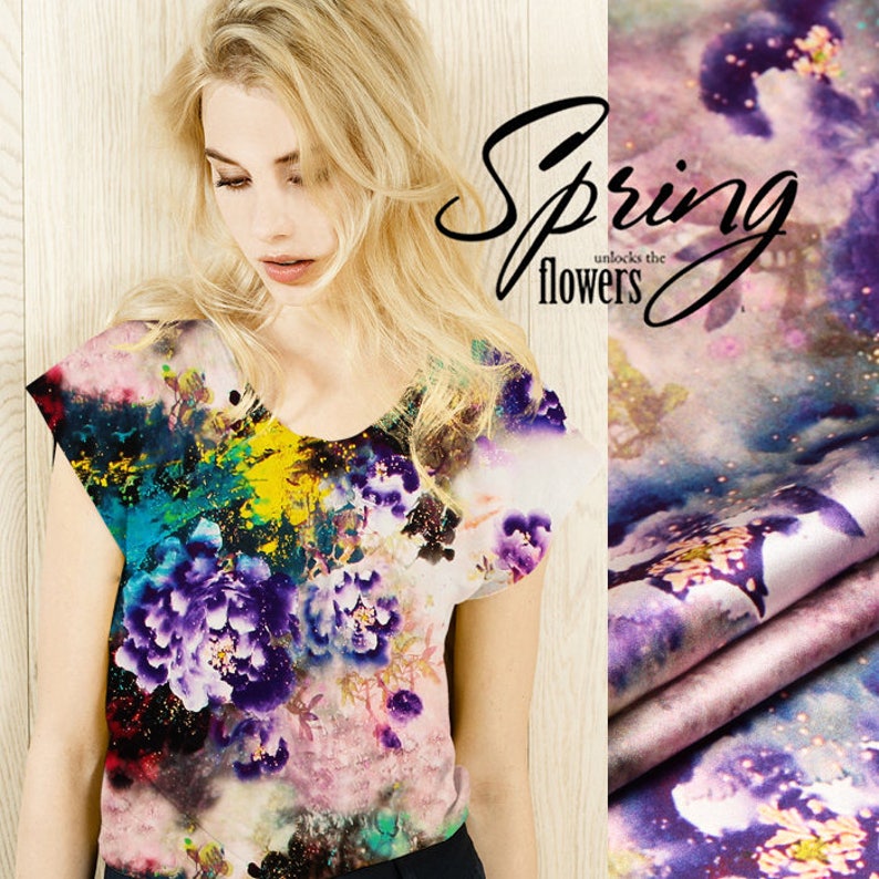Large Scale Watercolor Floral Print Colorful Stretch Silk Fabric Width ...