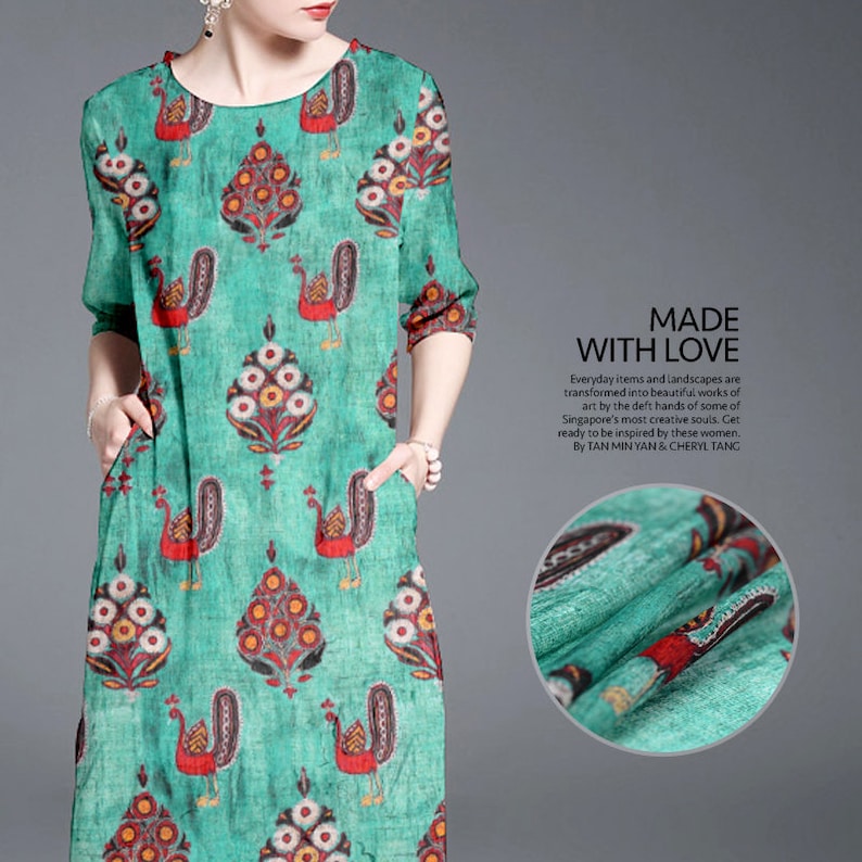 Art Peacock Feather Print Green Silk Linen Blend Fabric Width 55 Inch ...
