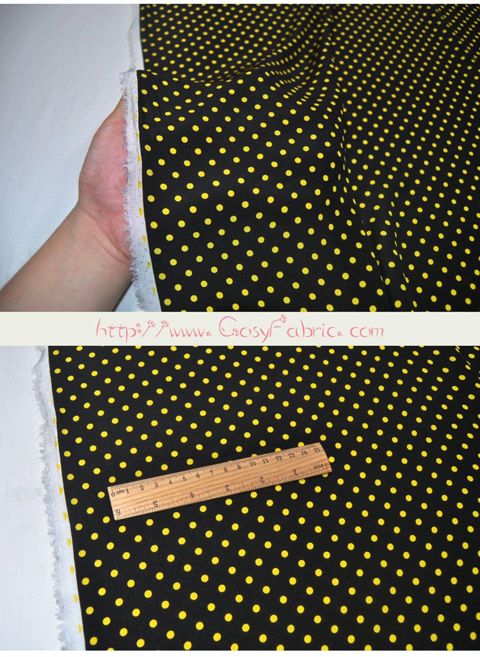 Yellow Polka Dot Print 100% Silk Crepe De Chine Fabric Black Fabrics ...