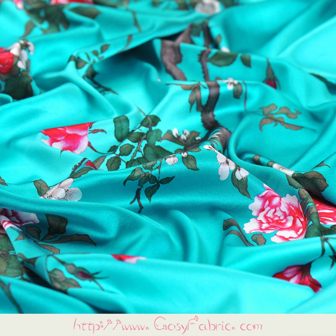 Floral Print Cyan Stretch Silk Satin Fabric by the Yard for | Etsy