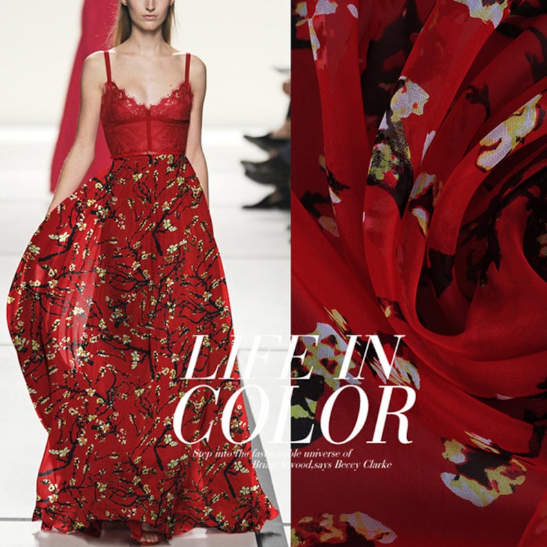 Small Floral Print Red Green 100% Silk Chiffon Fabric Width 53 Inch ...