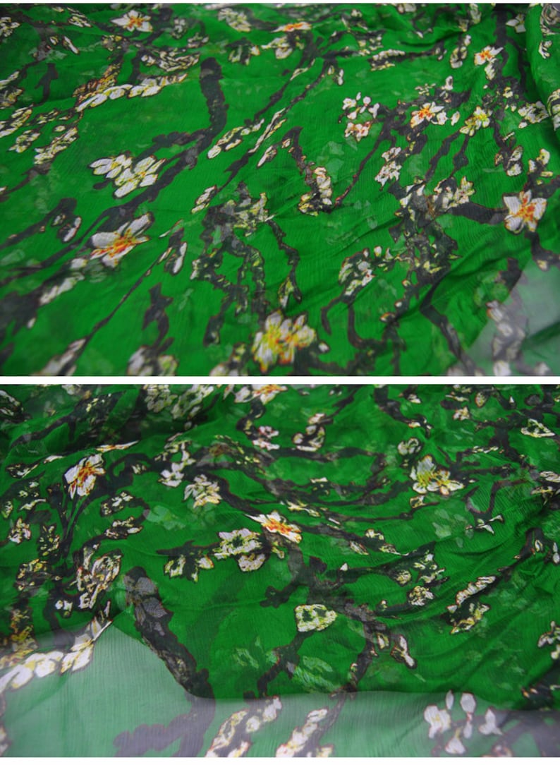 Small Floral Print Red Green 100% Silk Chiffon Fabric Width 53 Inch ...
