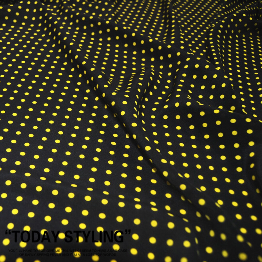 Yellow Polka Dot Print 100% Silk Crepe De Chine Fabric Black Fabrics ...