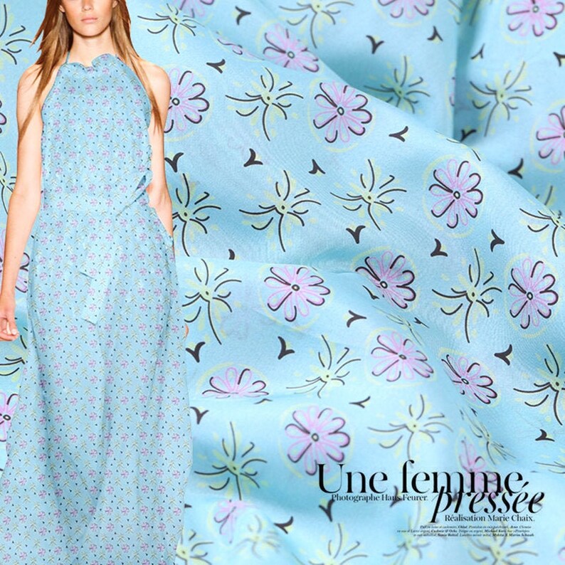 Small Floral Print 100% Pure Silk Fabric Blue Habotai Fabrics Cloth for ...