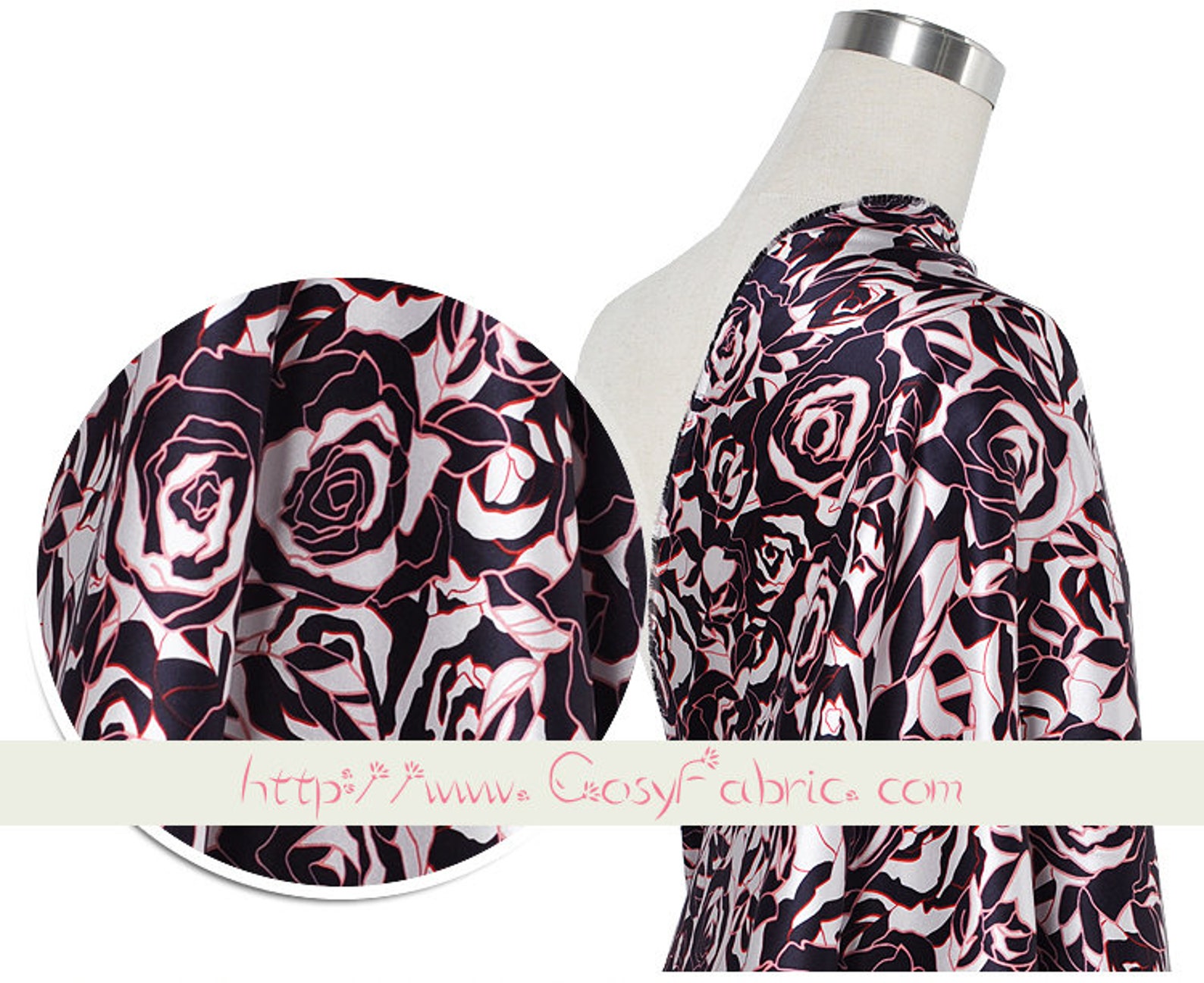 Rose Black Floral Print Stretch Silk Satin Fabric Cloth - Etsy