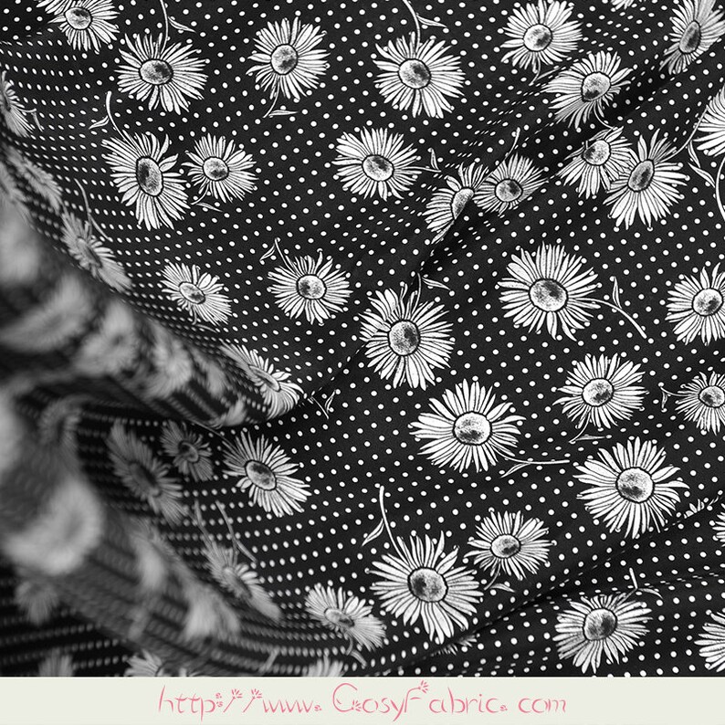 Daisy Floral Tiny Polka Dots Print Black Silk Fabric Printed - Etsy