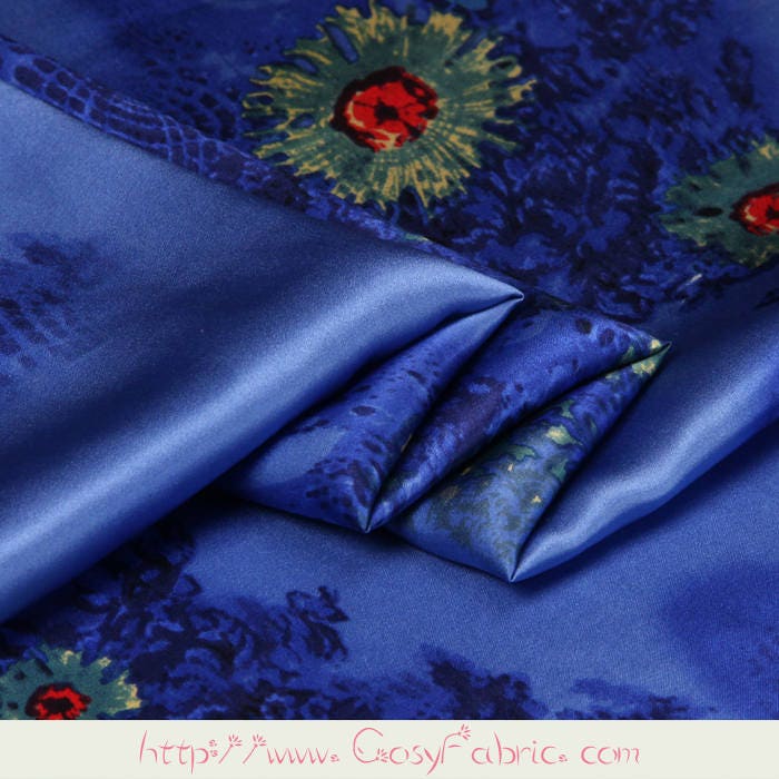 Modern Floral Print Navy Blue 100% Pure Silk Charmeuse Fabric Width 44 ...
