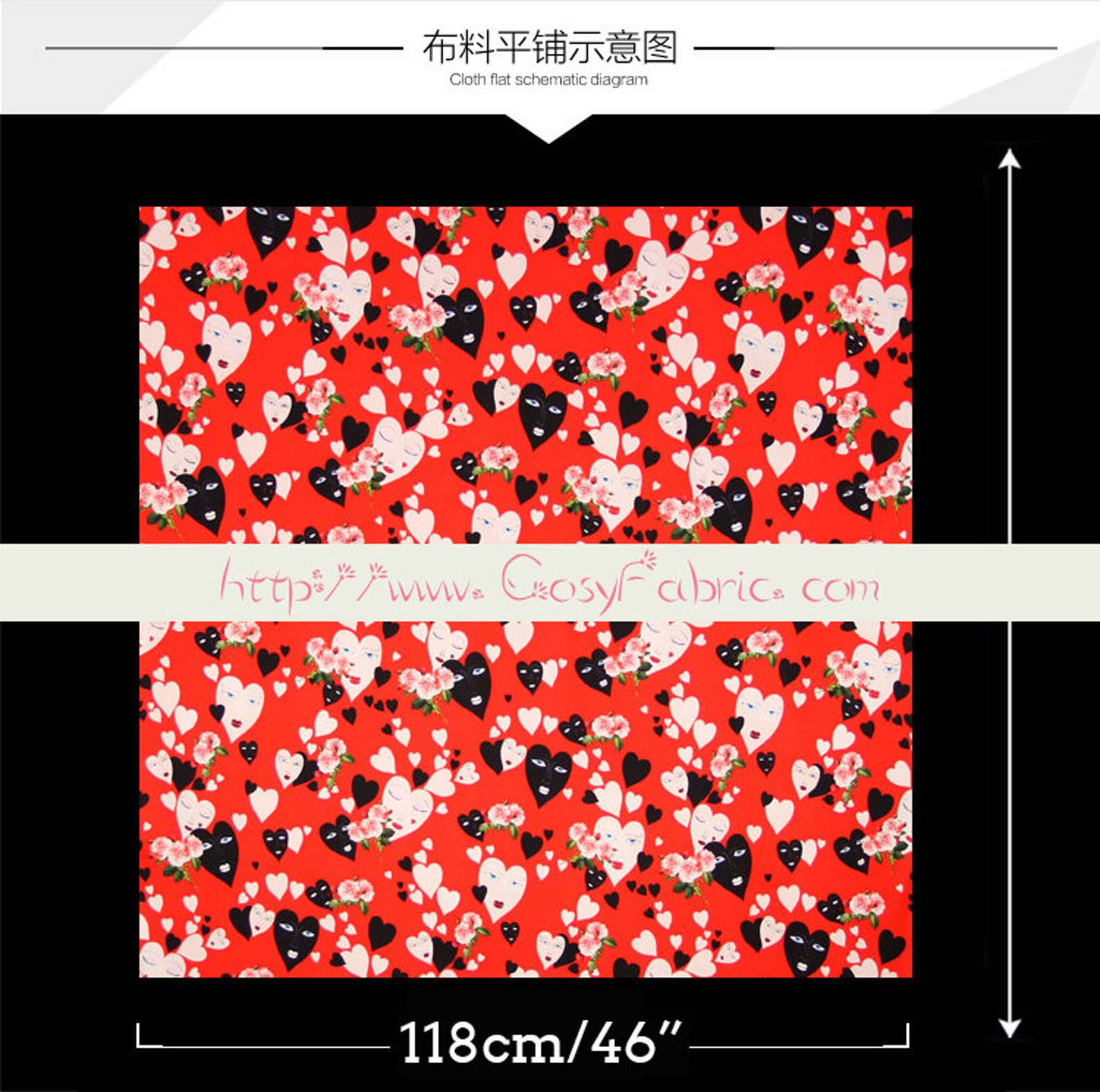 Love Heart Floral Print Red Black Stretch Silk Satin Fabric | Etsy