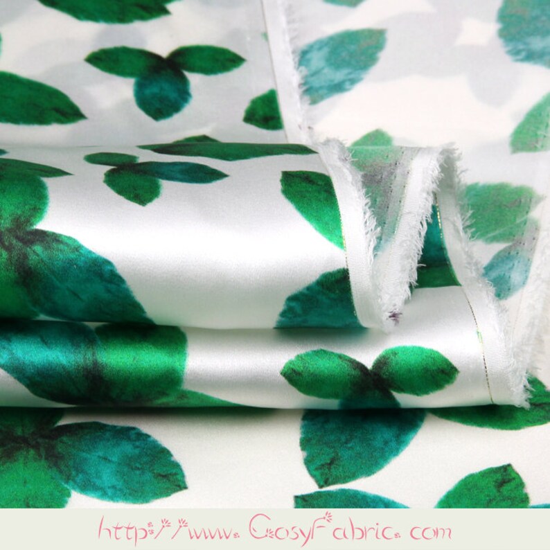 Green Leaf Leaves Print White Stretch Silk Satin Fabric for | Etsy
