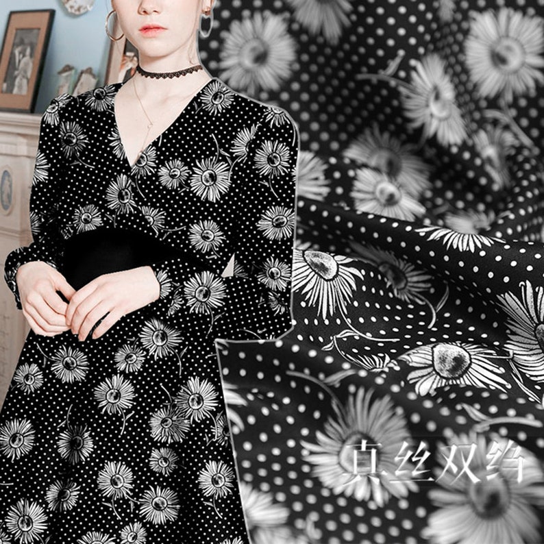 Daisy Floral Tiny Polka Dots Print Black Silk Fabric Printed Crepe De ...