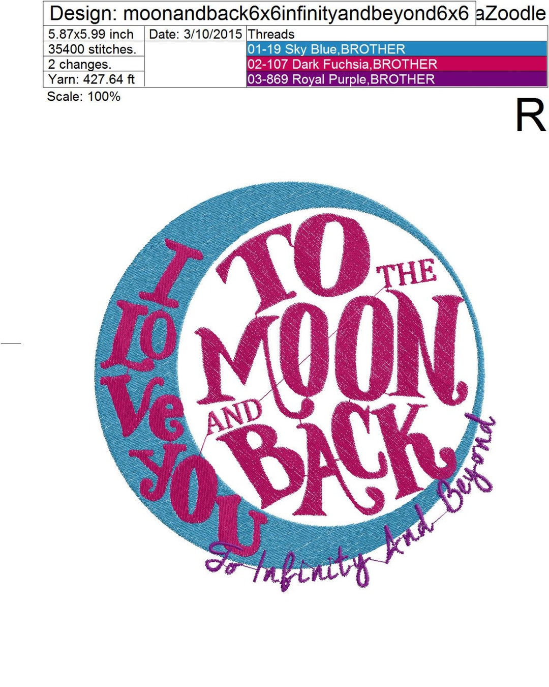 I Love You to the Moon and Back, Infinity and Beyond Embroidery Design ...