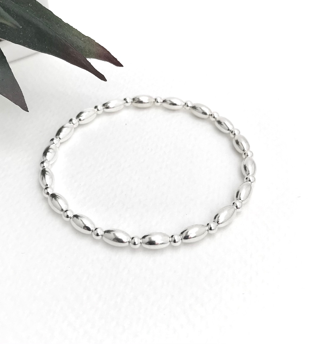 Sterling Silver Oval Bead Stretch Bracelet, Stacking Ball Bracelet - Etsy