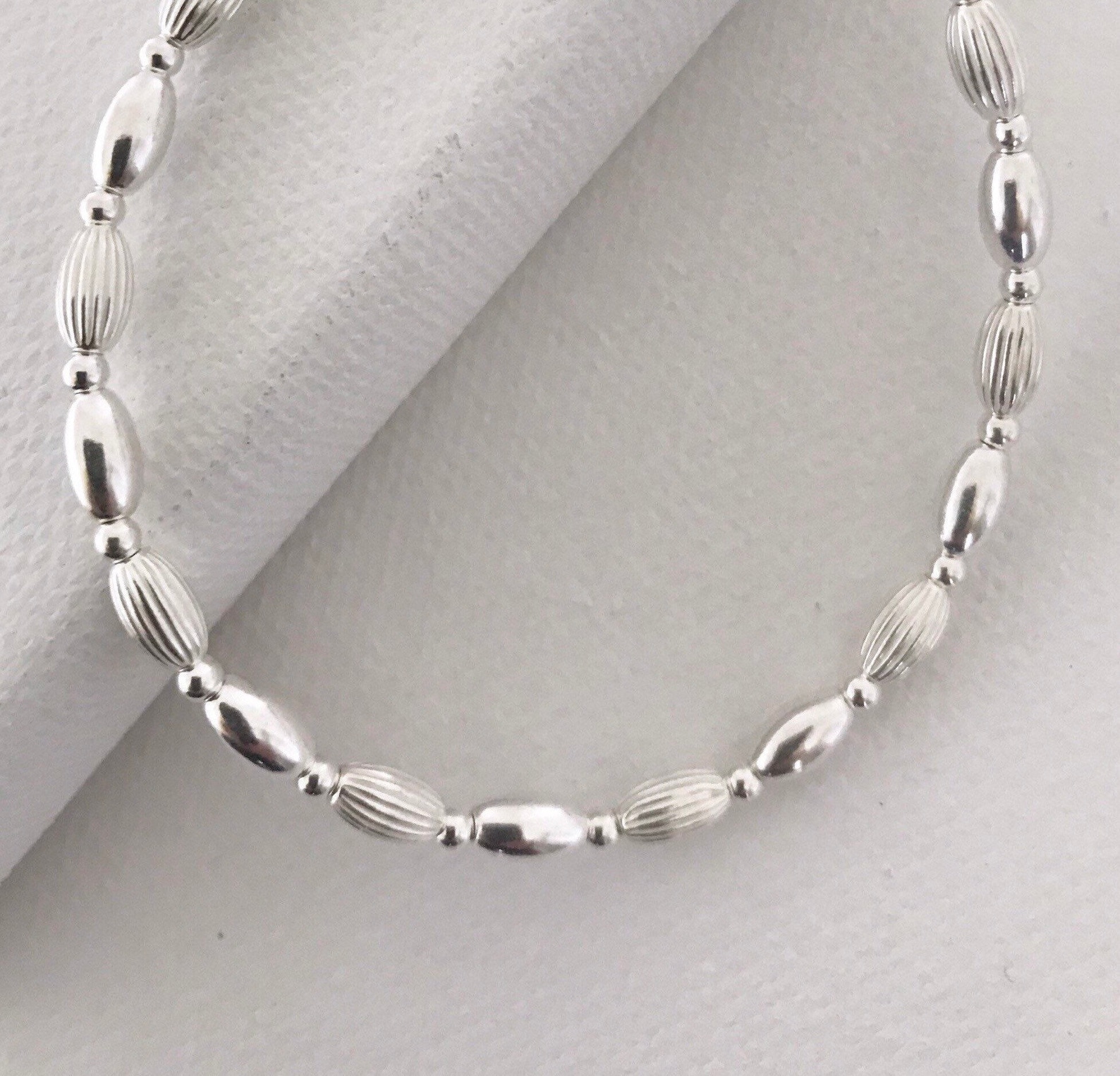 Silver Ball Bracelet Ribbed and Plain Oval Beads Bracelet - Etsy