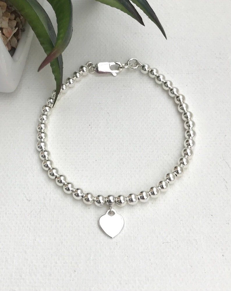 Sterling Silver Ball Bracelet, Heart Charm, Lobster Clasp, Anniversary ...
