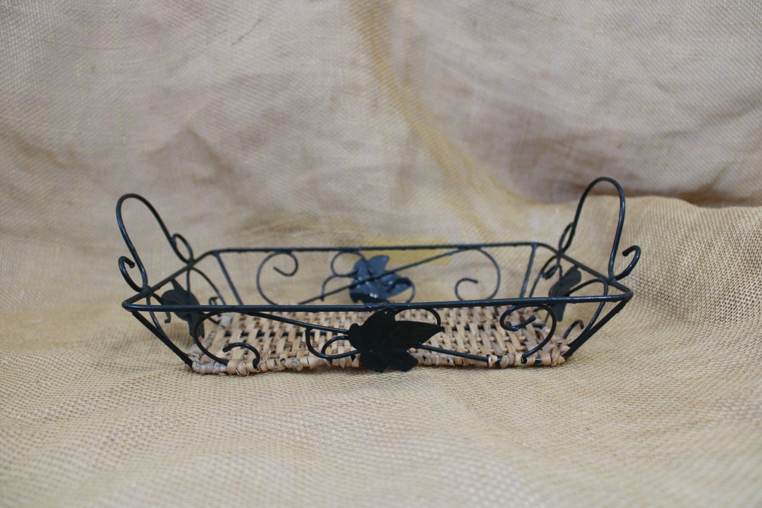 Green Wire and Wicker Basket - Rectangle Handled Shallow Wire / Wrought ...