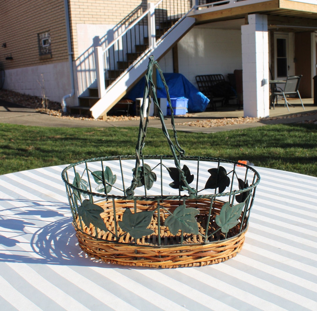 Green Wire and Leaf Wicker Basket - Oval Handled Shallow Wire / Wrought ...