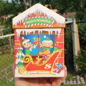 House Shaped Box With Santa and Elves Santa's Work Shop Box Christmas ...