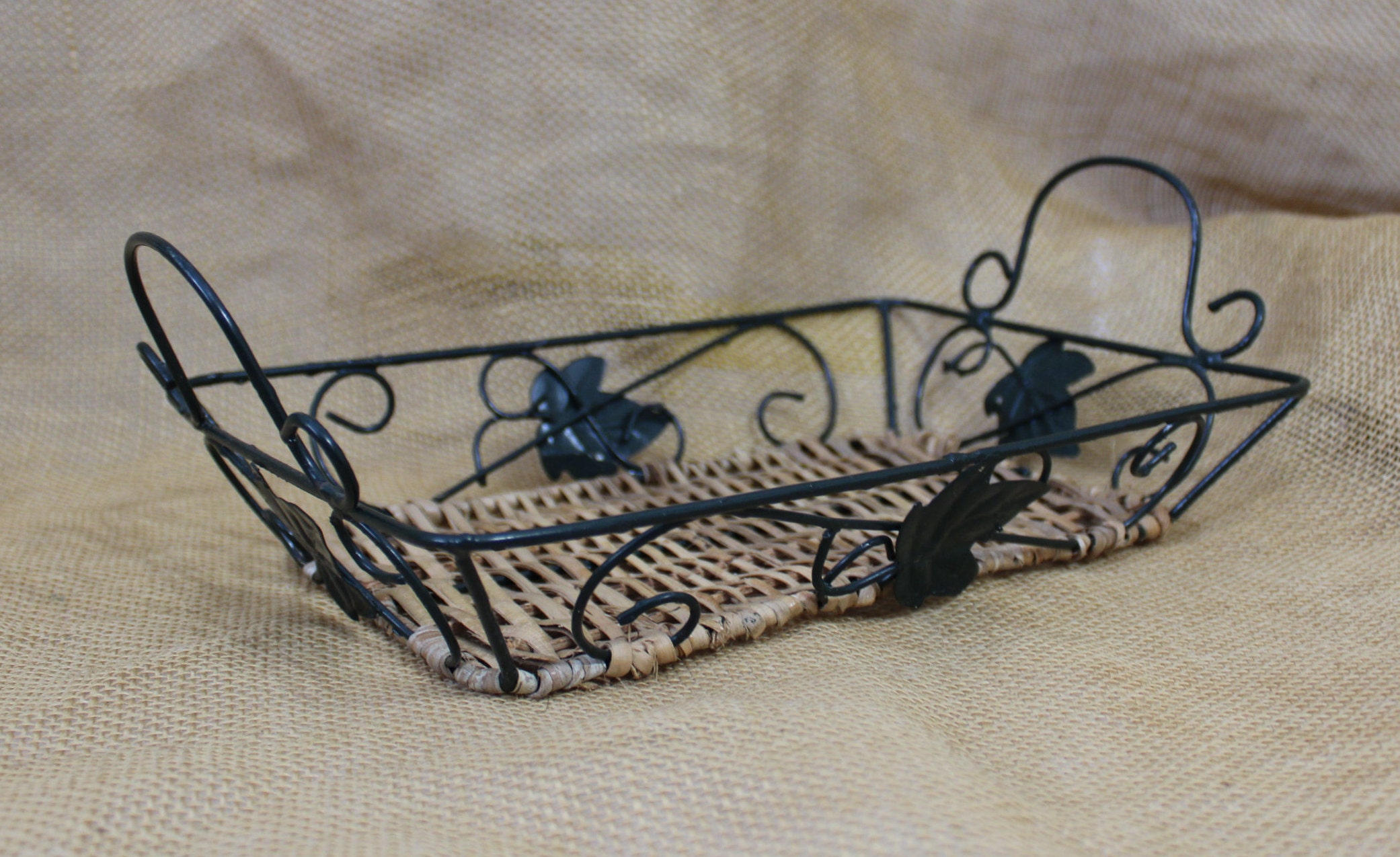 Green Wire and Wicker Basket - Rectangle Handled Shallow Wire / Wrought ...