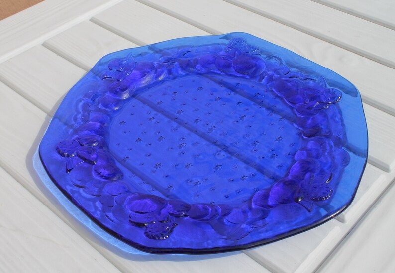 Cobalt Blue Glass Serving Platter / Tray With Embossed Angels and Stars ...