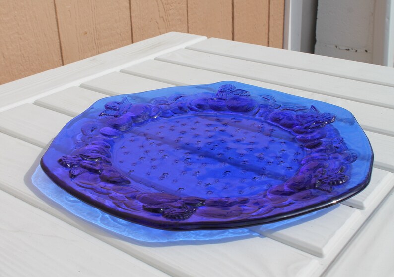 Cobalt Blue Glass Serving Platter / Tray With Embossed Angels and Stars ...