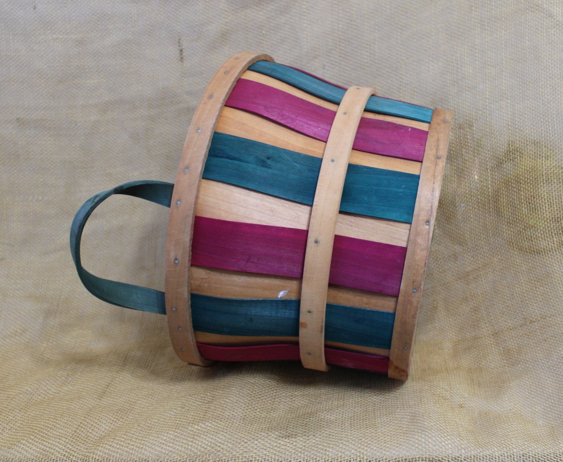 Quarter Bushel Basket With Handles - Red and Green Wood Slat Basket ...