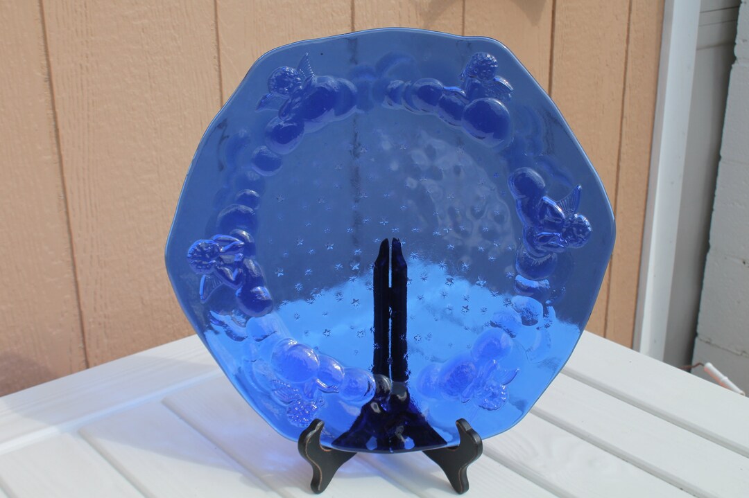 Cobalt Blue Glass Serving Platter / Tray With Embossed Angels and Stars ...