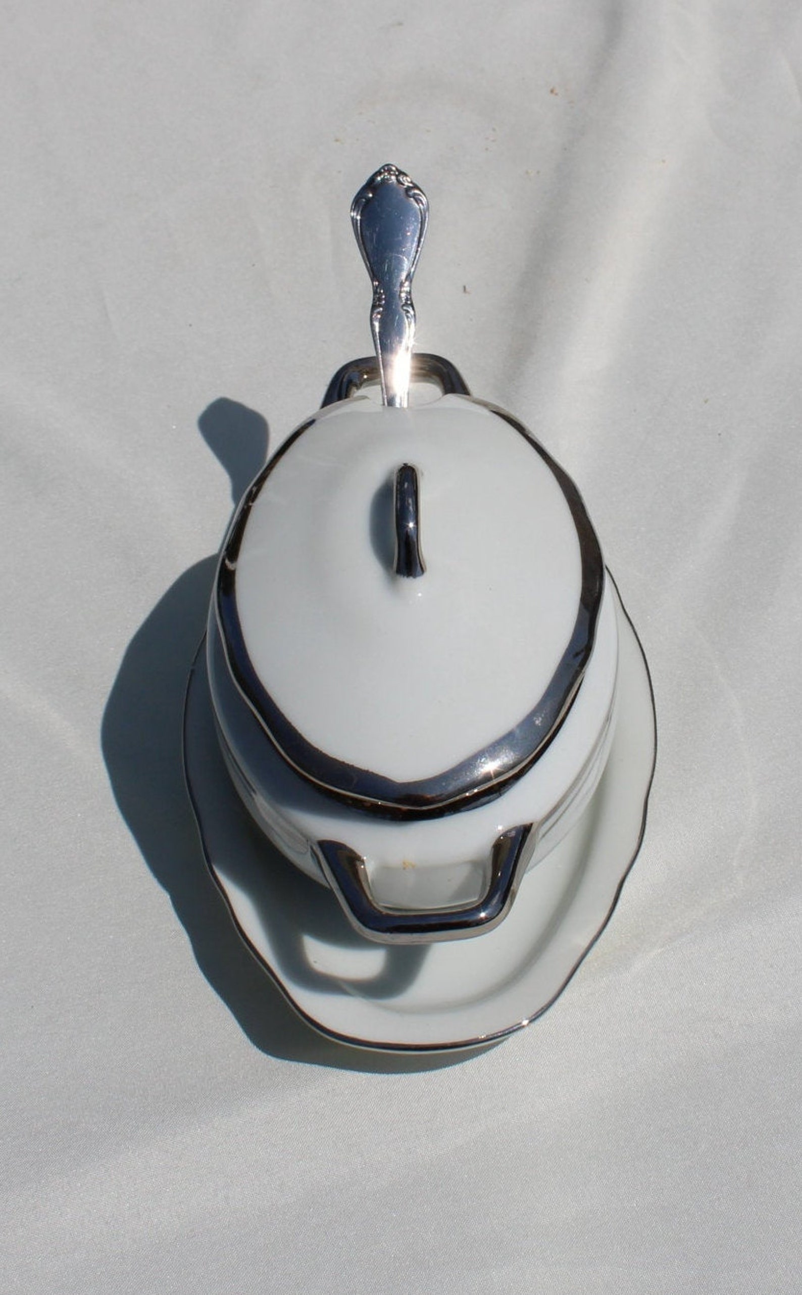 White Ceramic Covered Jam Dish With Silver Trim Underplate - Etsy