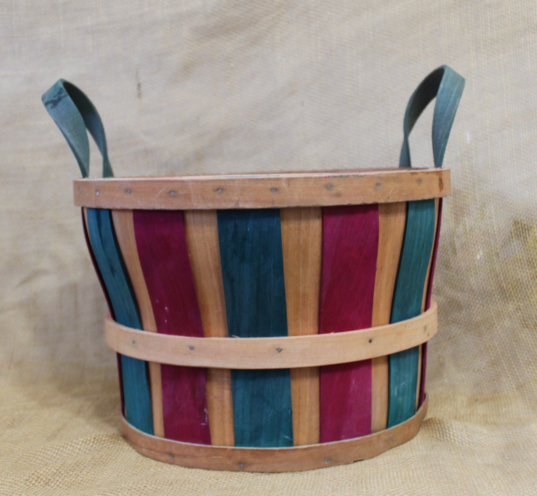 Quarter Bushel Basket With Handles - Red and Green Wood Slat Basket ...