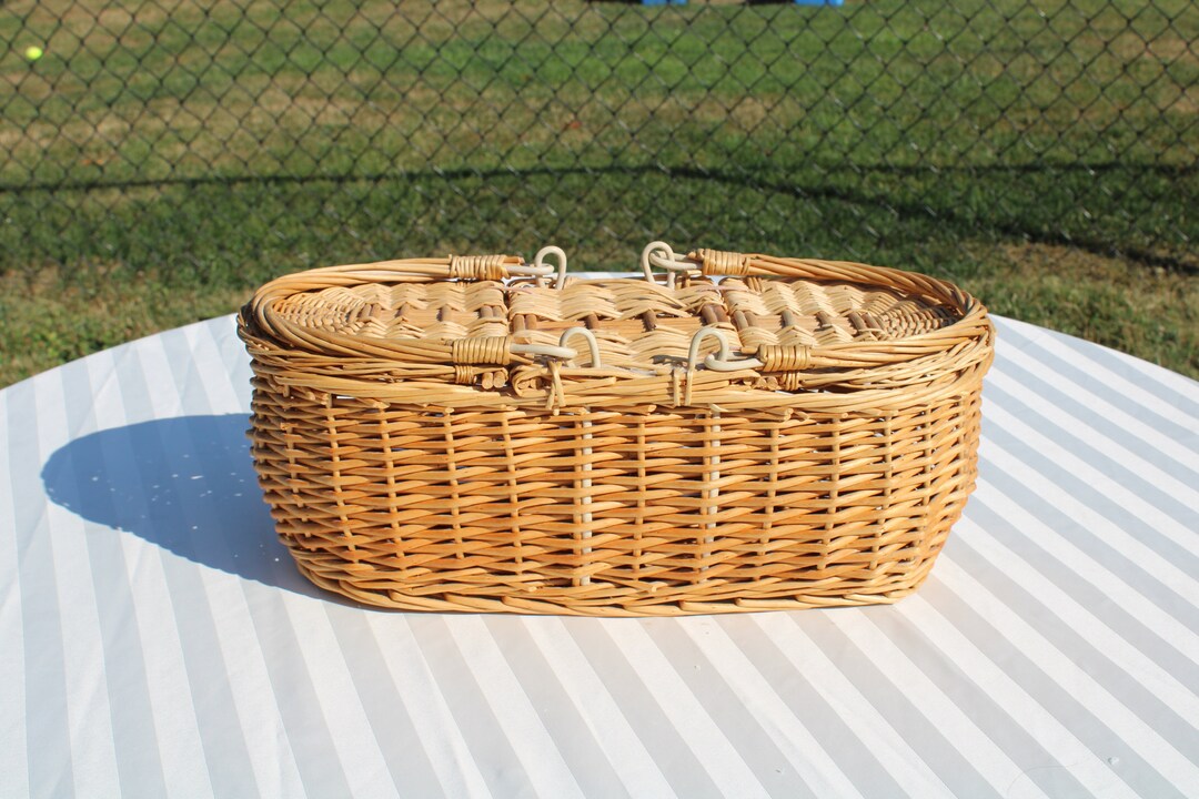 Long Oval Wicker Two Liddid Basket With Double Handles - Woven Wicker ...