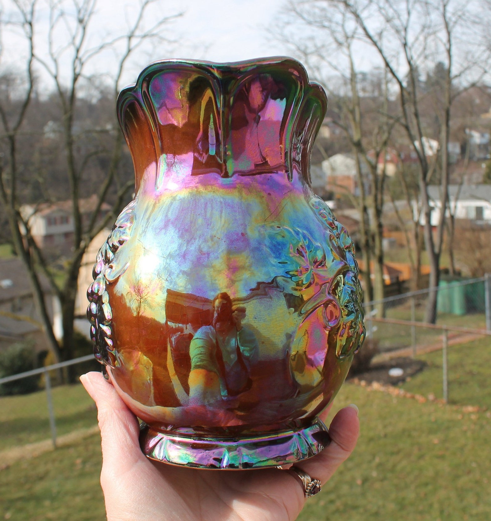 Pottery Pitcher / Ewer With Grapes - Iridescent Brown Pitcher - Etsy