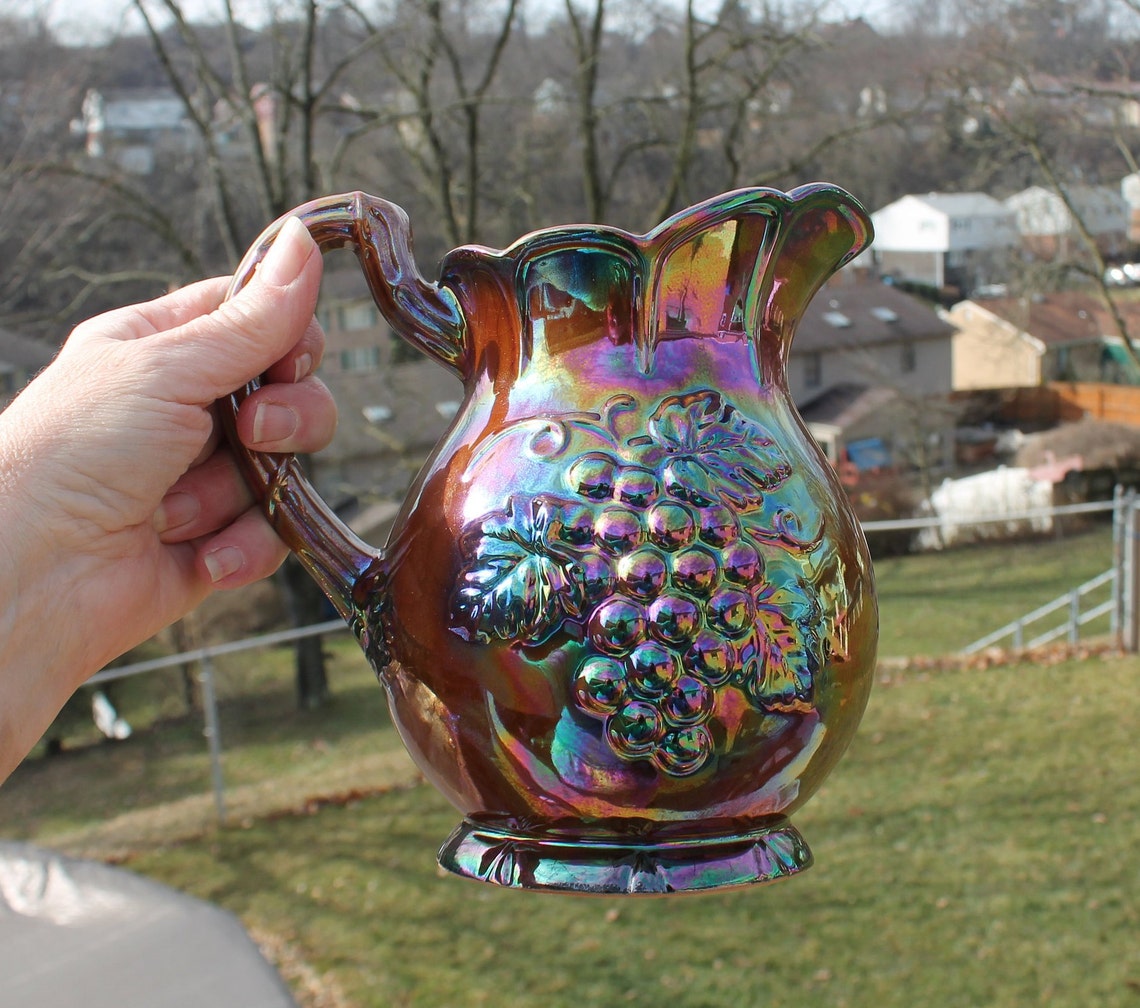 Pottery Pitcher / Ewer With Grapes - Iridescent Brown Pitcher - Etsy
