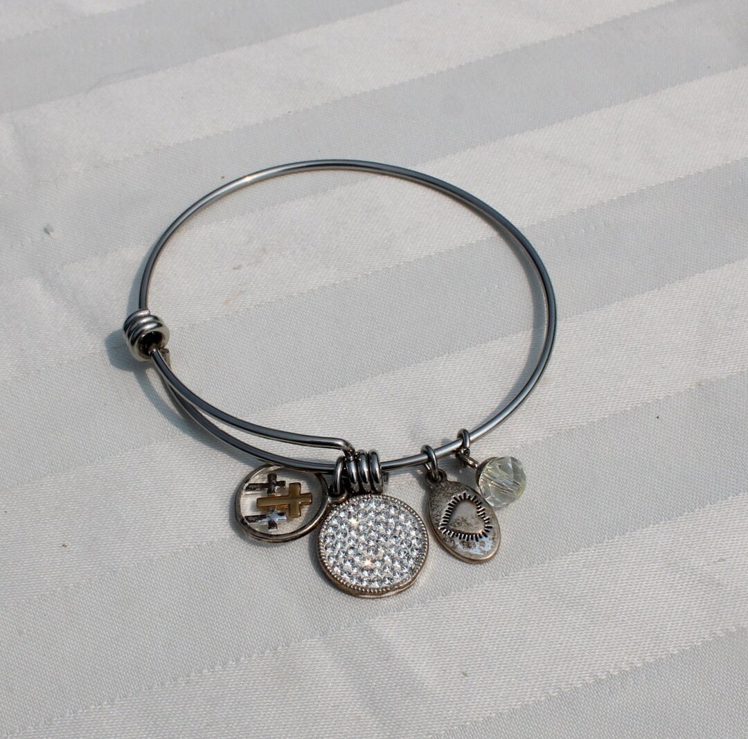 Thin Stainless Steel Metal Bracelet With Dangling Cross, Heart, Faith ...