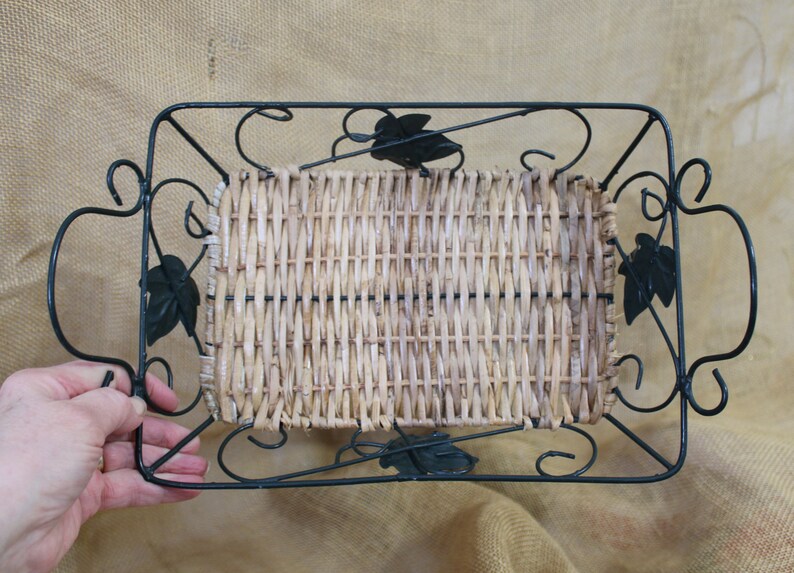 Green Wire and Wicker Basket Rectangle Handled Shallow Wire | Etsy