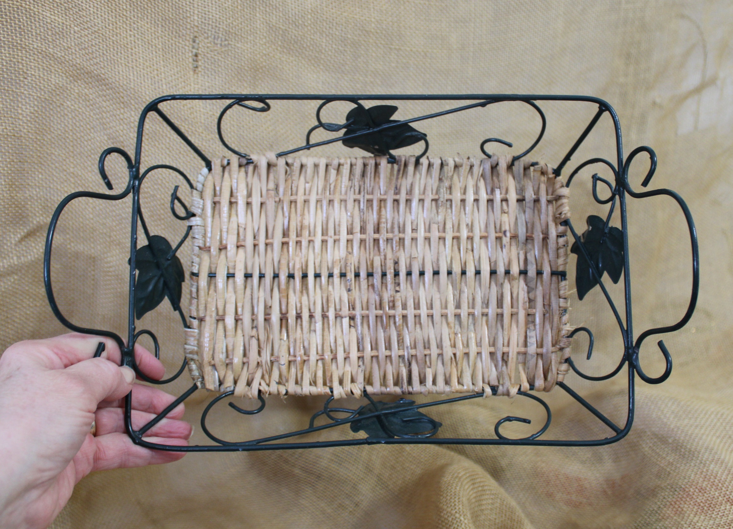 Green Wire and Wicker Basket Rectangle Handled Shallow Wire | Etsy